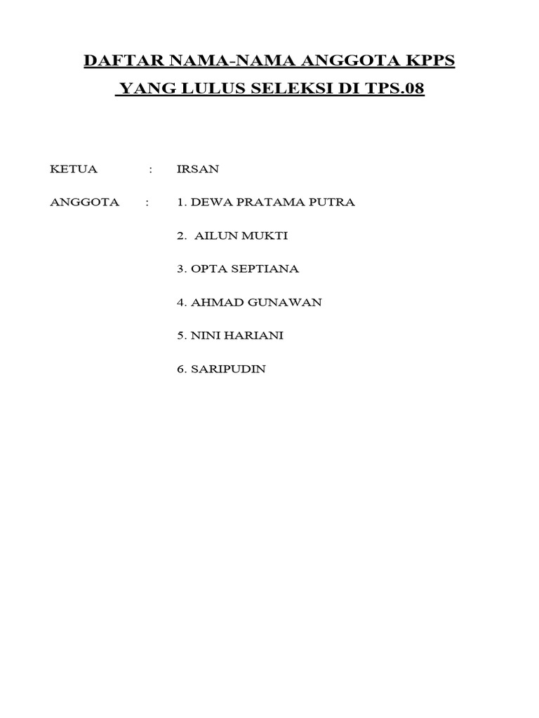 Daftar Nama Kpps | PDF