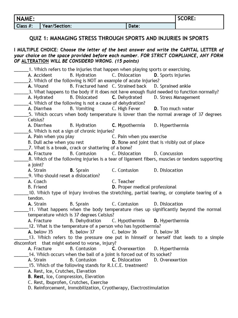 Pe & Health 11 Finals Quiz 1 Managing Stress Through Sports and ...