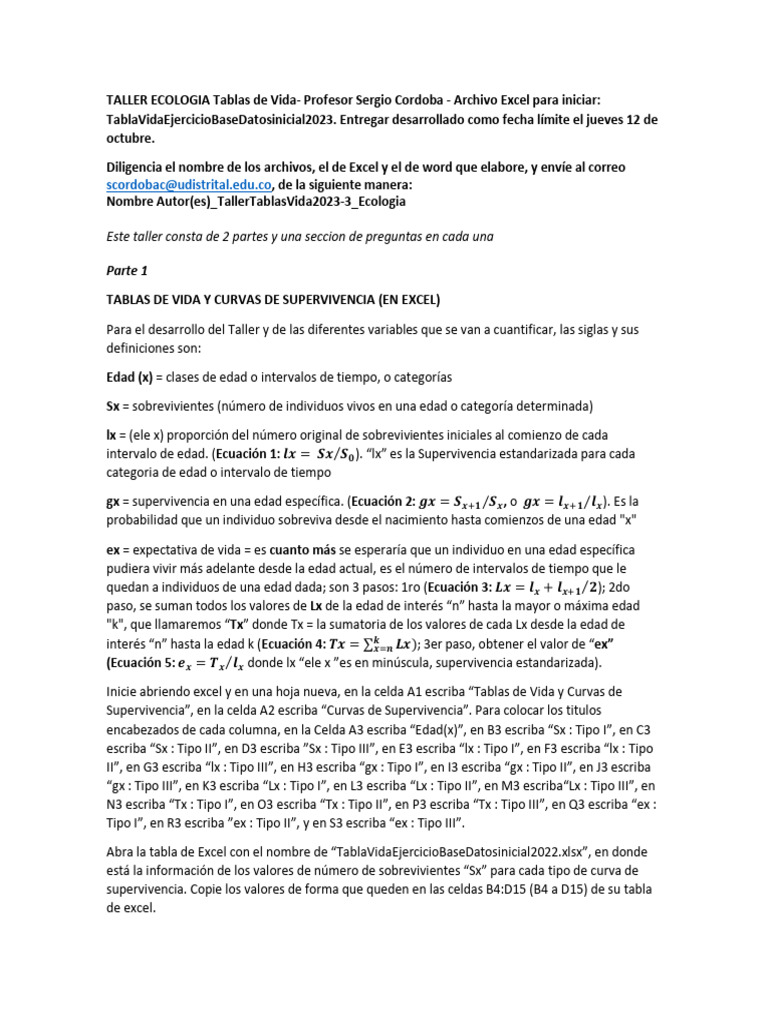 Tablas de Vida y Excel en Ecología | PDF