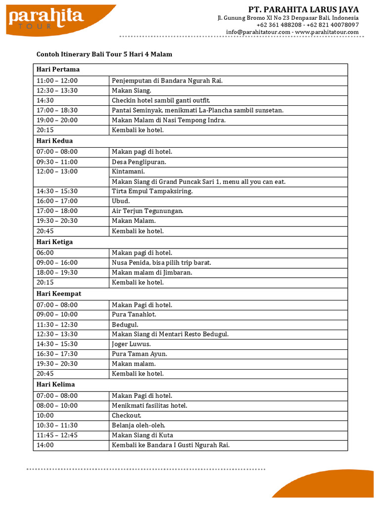 PDF Contoh Itinerary Bali Tour 5 Hari 4 Malam | PDF
