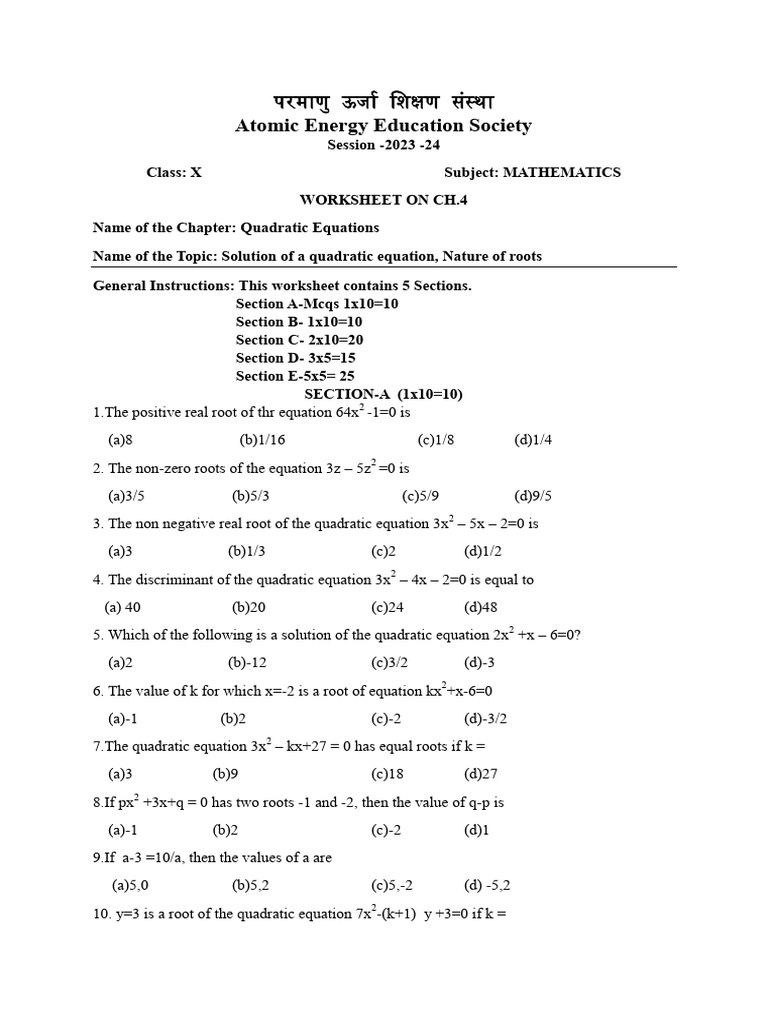 X Maths CH4 Quadratic Equations WS | PDF | Quadratic Equation | Mathematics