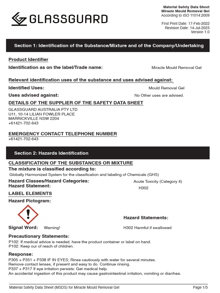 GlassGuard MSDS Miracle Mould Removal Gel | PDF