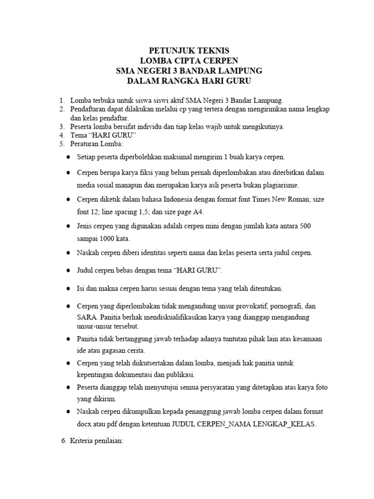 Juklak Juknis Lomba Cipta Cerpen | PDF