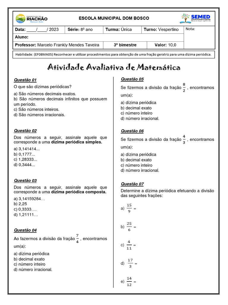 AV2 Matemática 8º Ano | PDF | Número racional | Matemática
