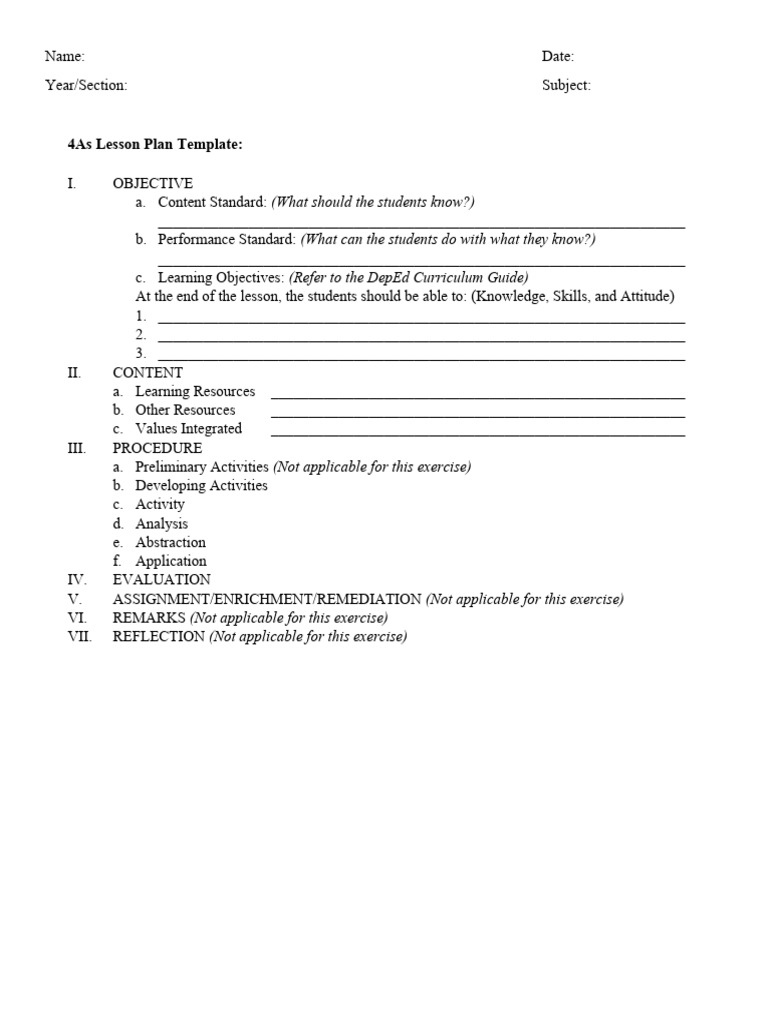 4A Lesson Plan Template | PDF