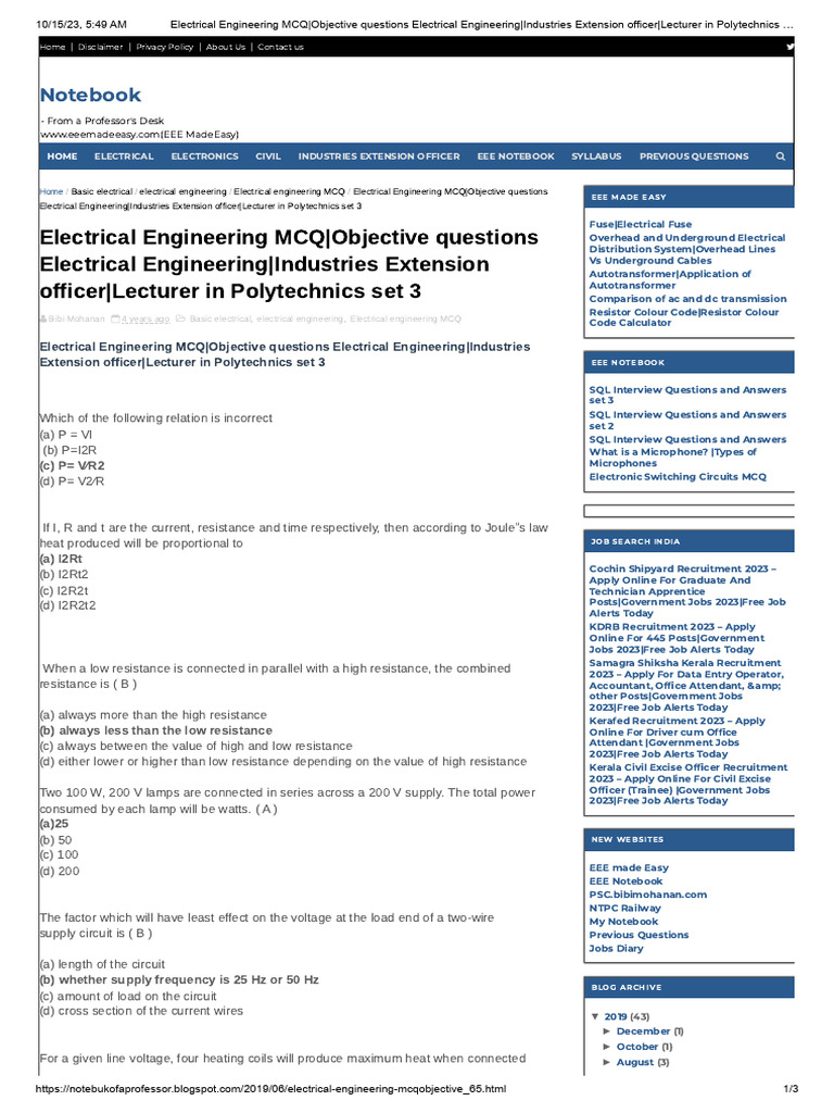 Electrical Engineering MCQs | PDF | Electrical Resistance And ...