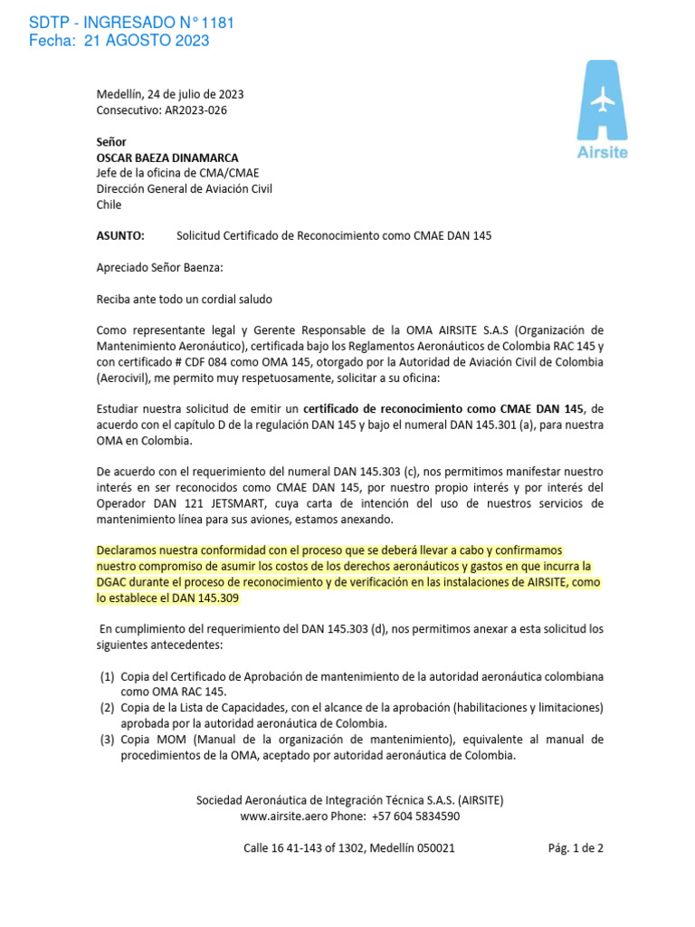 03 Carta - Asume - Costos - CMAE N°781 AIRSITE SAS COLOMBIA - Español ...