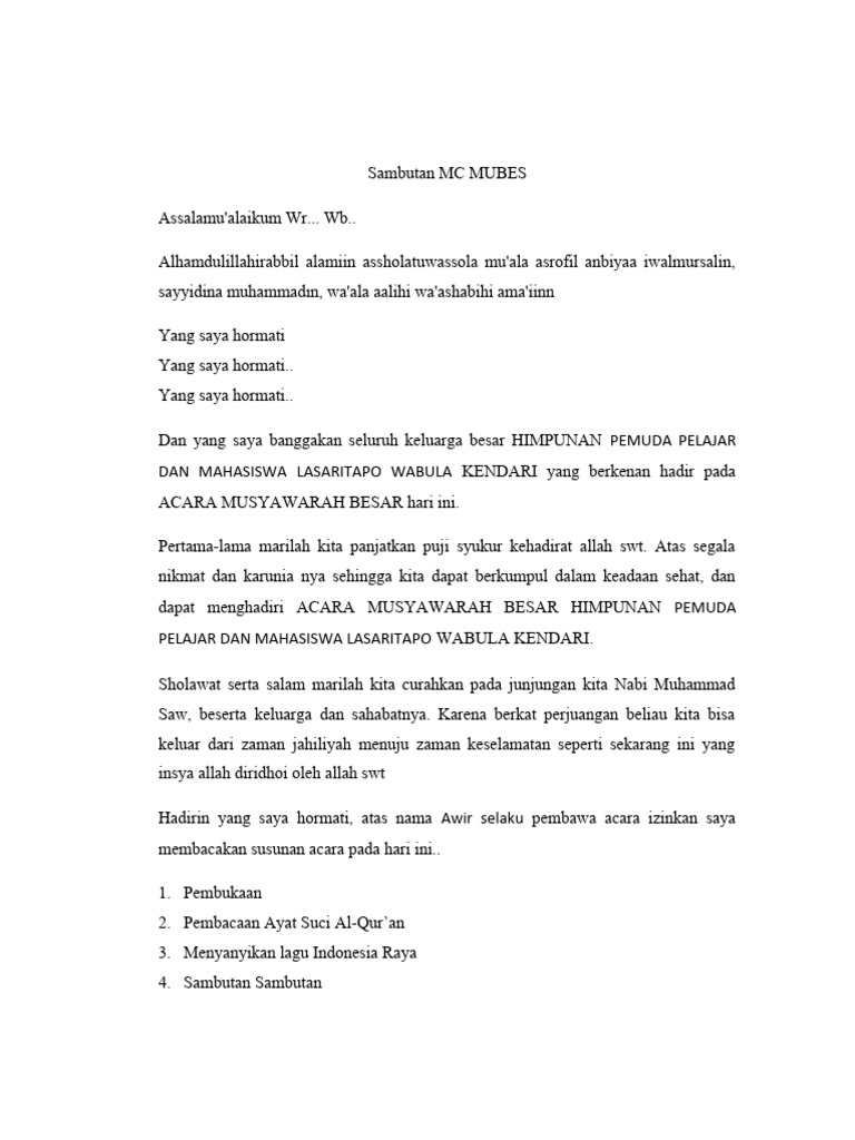 Sambutan MC Mubes Hippma Kdi | PDF