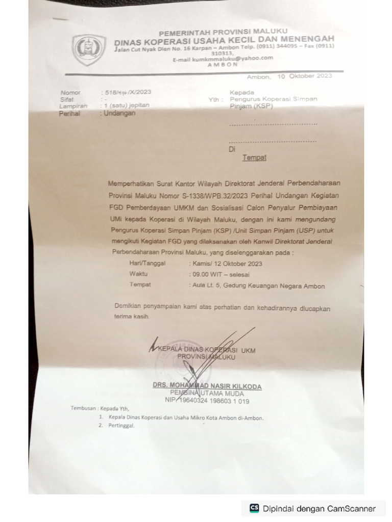 Surat Undangan Tembusan Dinas Koperasi Kota Ambon | PDF