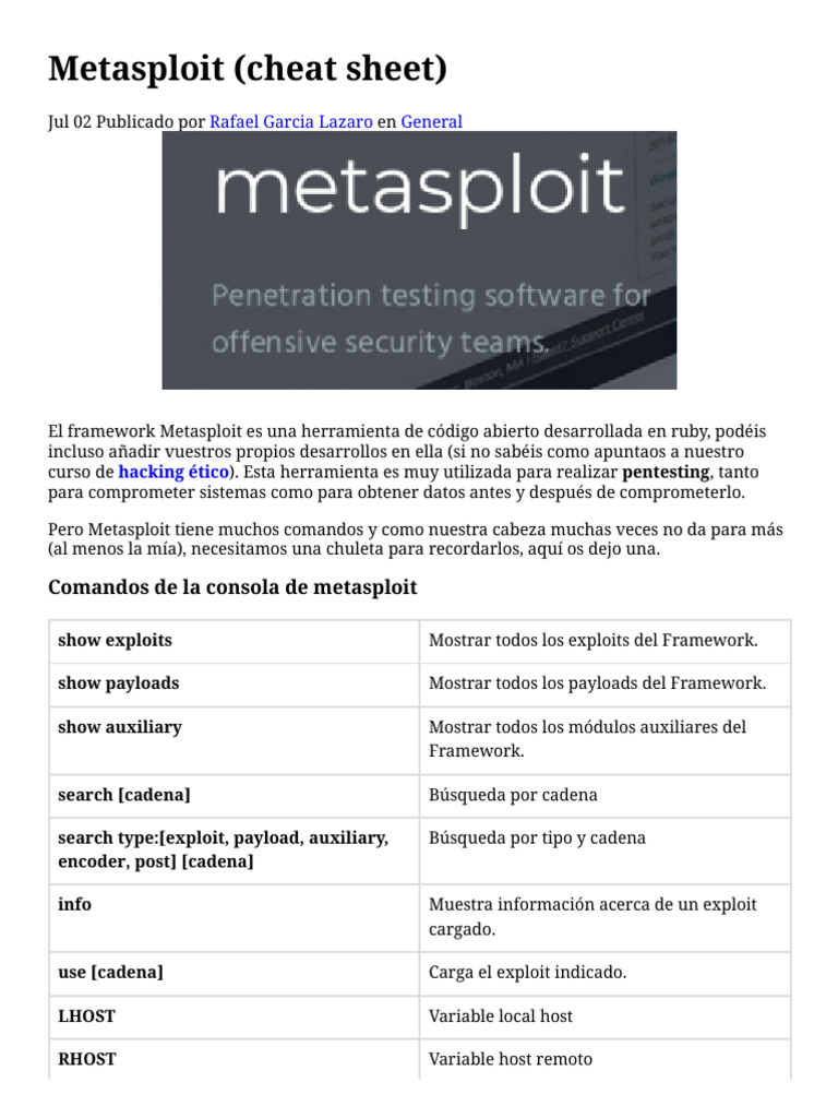 Metasploit (Cheat Sheet) | PDF | Explotar (Seguridad Informática) | Programación de computadoras