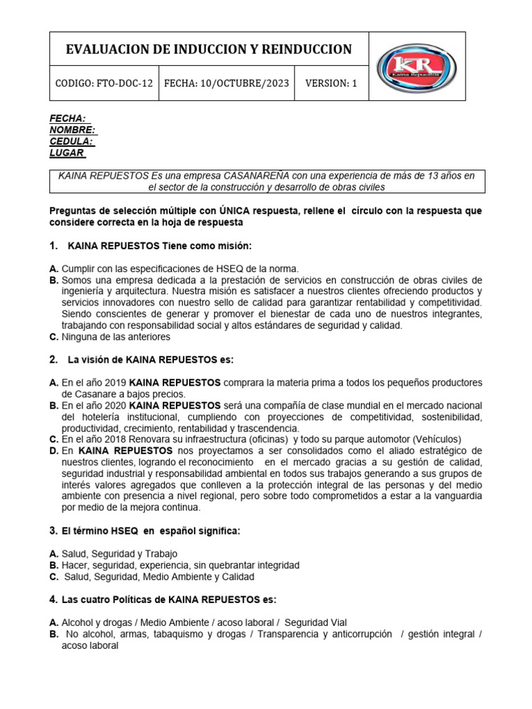 Evaluacion de Induccion y Reinduccion | PDF | Calidad (comercial ... Evaluacion de Induccion y Reinduccion | PDF | Calidad (comercial ...