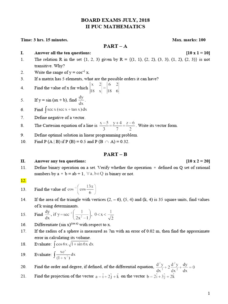 Board Exams July, 2018 Ii Puc Mathematics | PDF | Vector Space | Area
