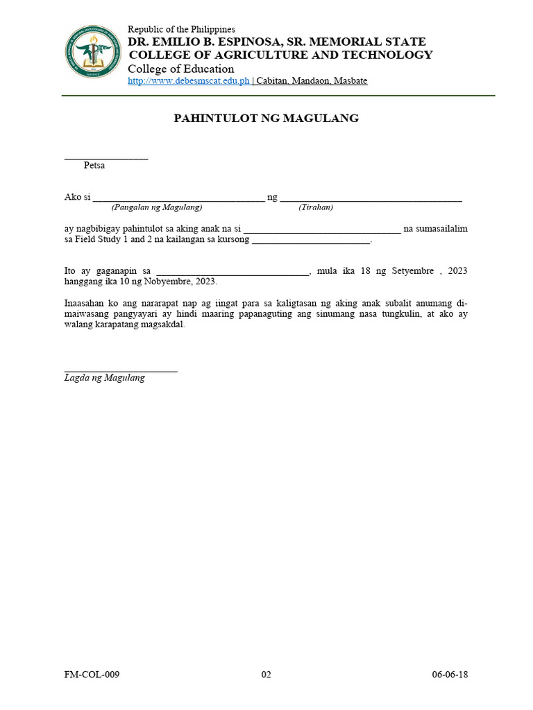 New Pahintulot NG Magulang | PDF