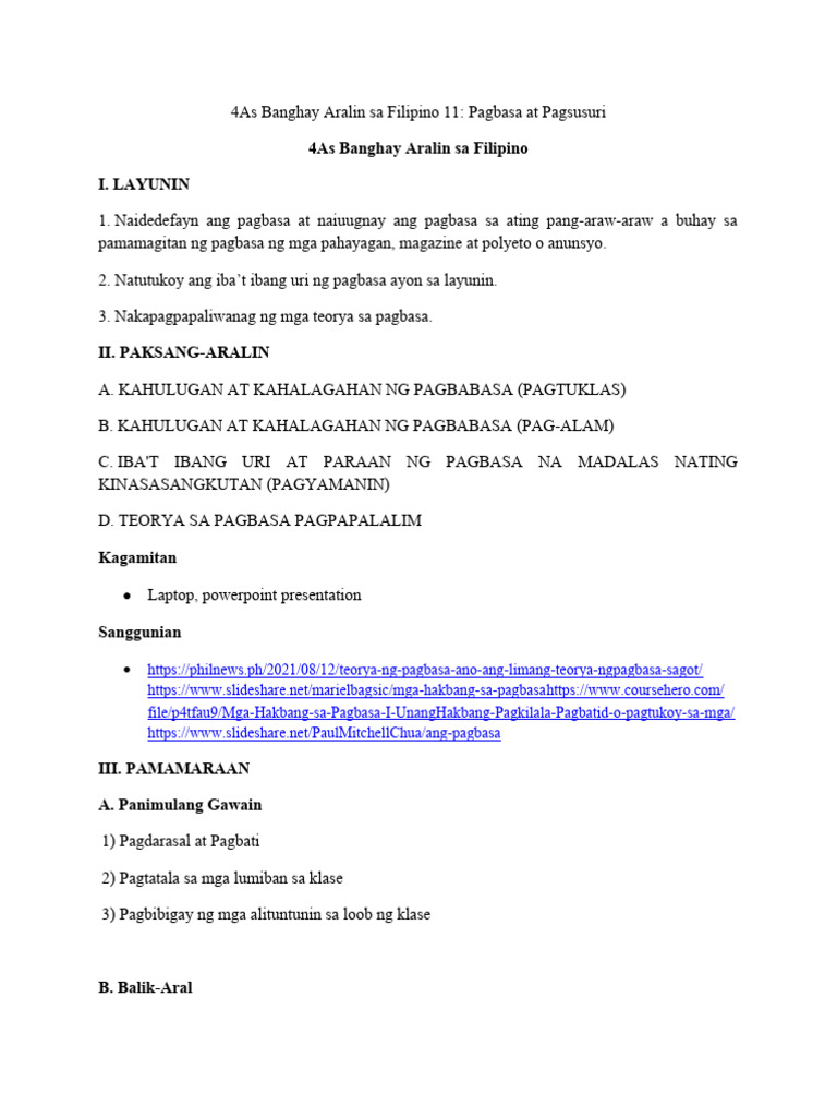 4as Banghay Aralin Sa Filipino 11 | PDF