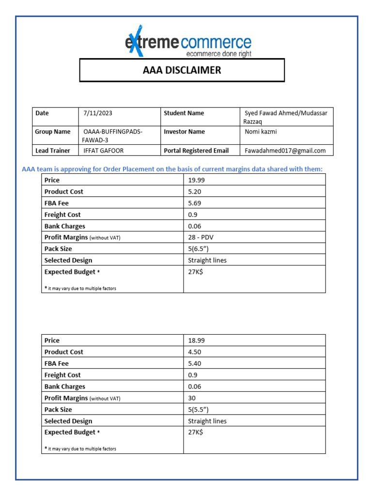 AAA Disclaimer Document For Student | PDF | Profit (Economics) | Cargo