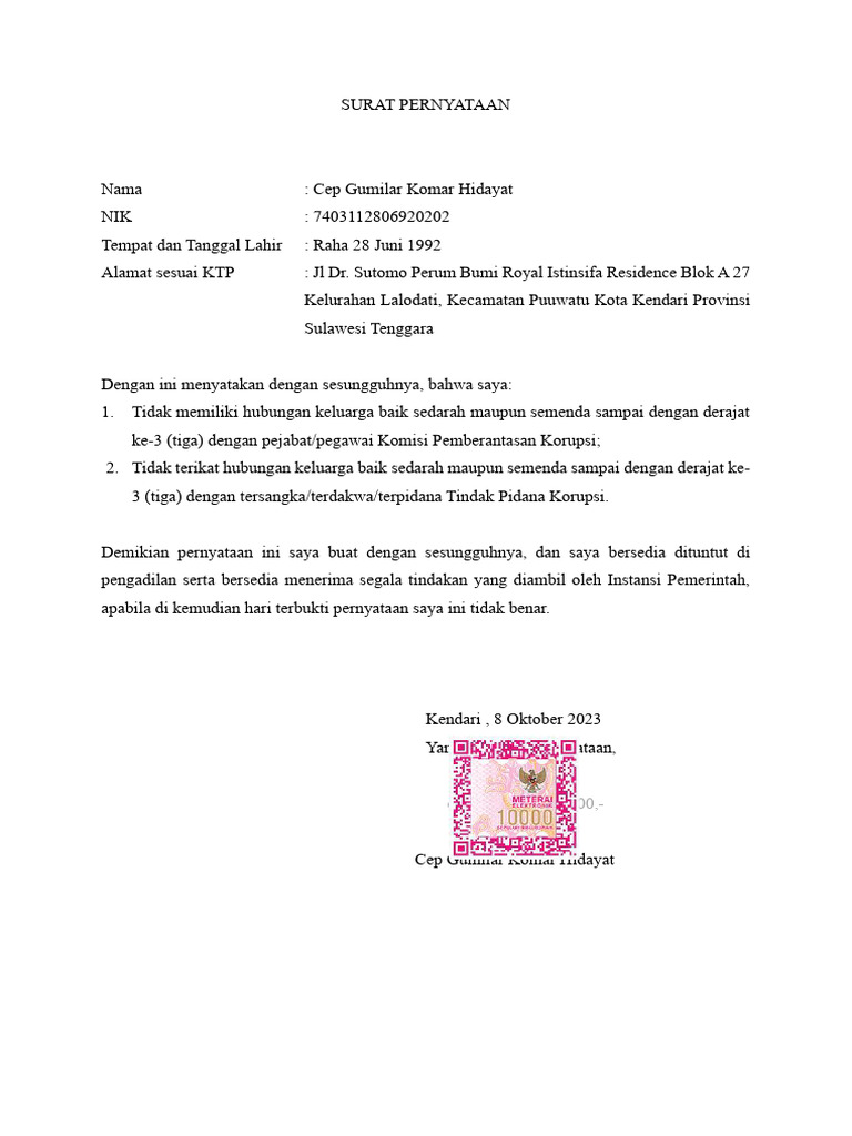Surat Pernyataan Tidak Memiliki Hubungan Keluarga | PDF Surat Pernyataan Tidak Memiliki Hubungan Keluarga | PDF