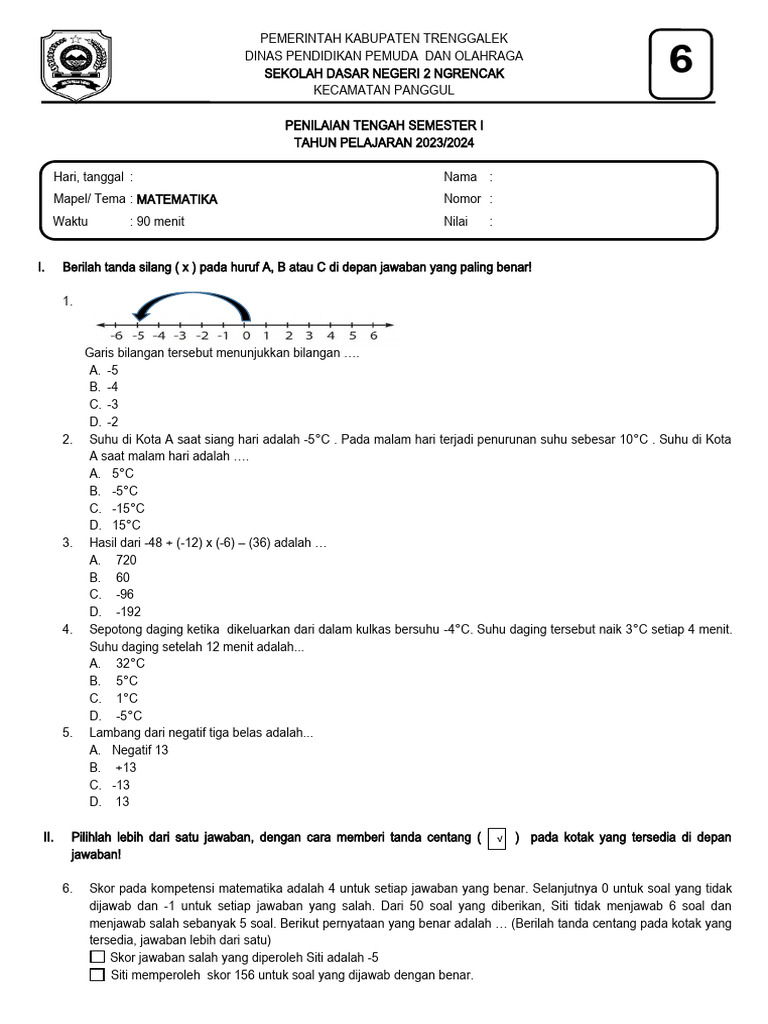 PTS Matematika 6 2023-2024 | PDF
