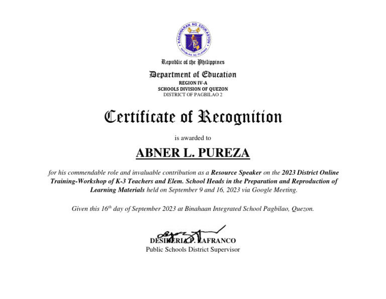 Certificate of Sir Abner Pureza | PDF