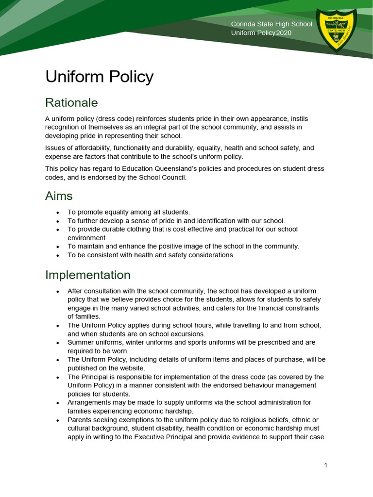 Uniform Policy V2.1 2021 Corinda State High School | PDF | Blouse ...