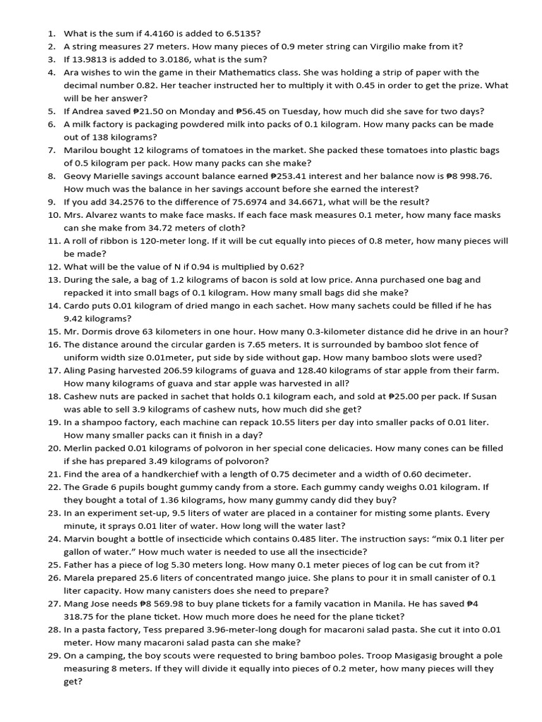 Grade 6 Decimal Word Problems | PDF | Wellness