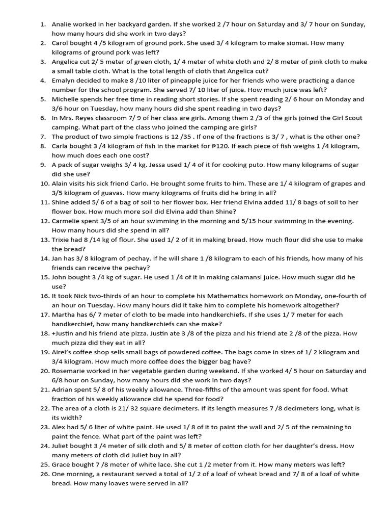 Word Problems Grade 6 Fractions | PDF