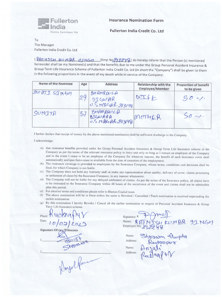 Insurance Nomination | PDF