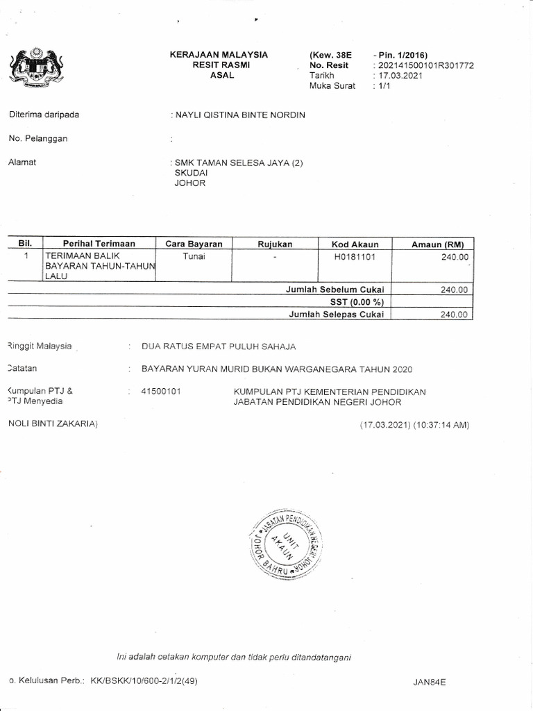 Contoh Resit Bayaran Fee MBWN | PDF