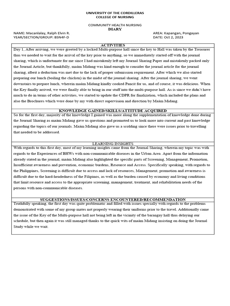 Diary Format | PDF | Nursing | Experience