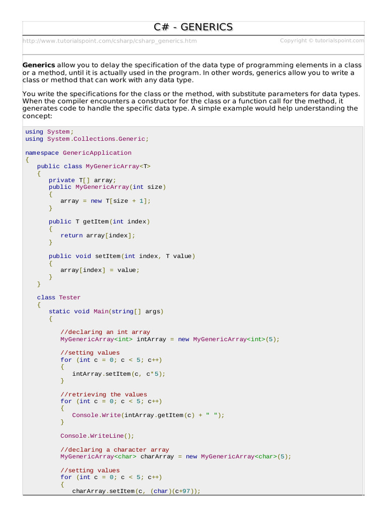 Csharp Generics | PDF | Computer Engineering | Programming Paradigms Csharp Generics | PDF | Computer Engineering | Programming Paradigms