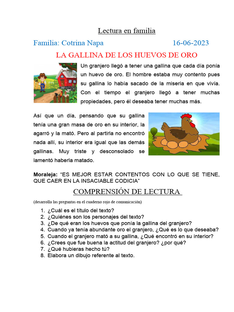 La gallina de los huevos de oro: Moraleja y Lectura | PDF