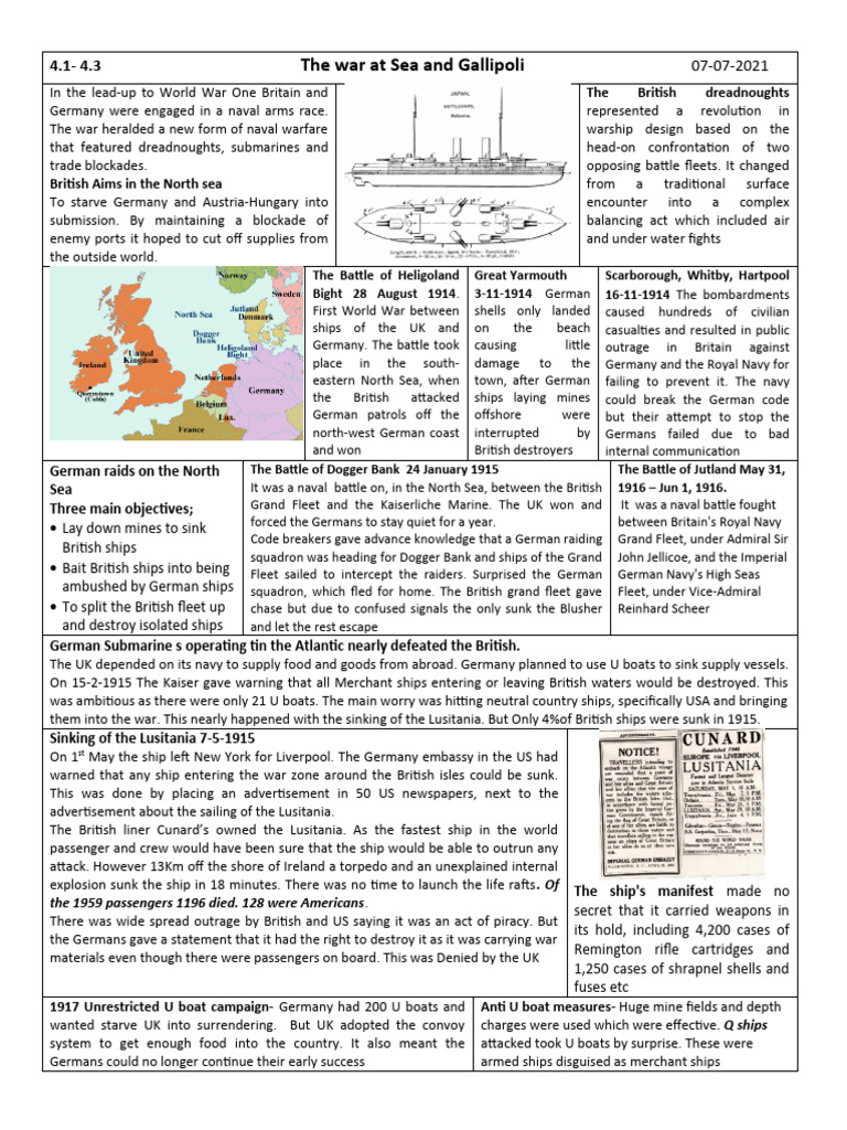 4.1 - 4.3 The War at Sea and Gallipoli Revision Hand Out | PDF ...