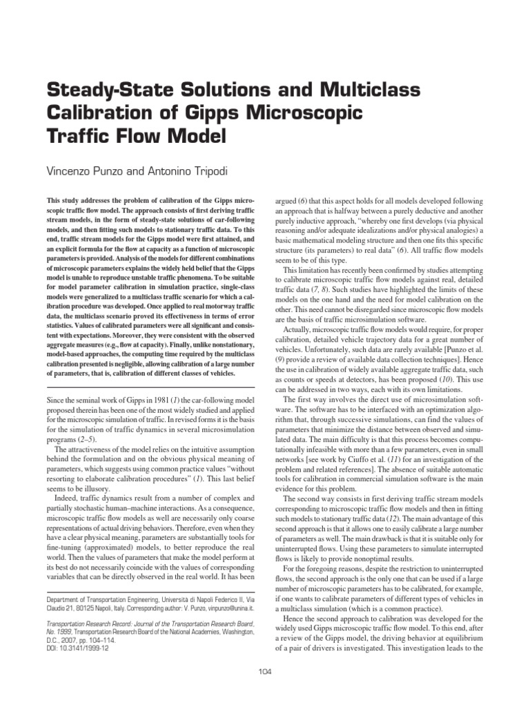 2007 Steady State Solutions And Multiclass Calibration Of Gipps Microscopic Traffic Flow Model Pdf