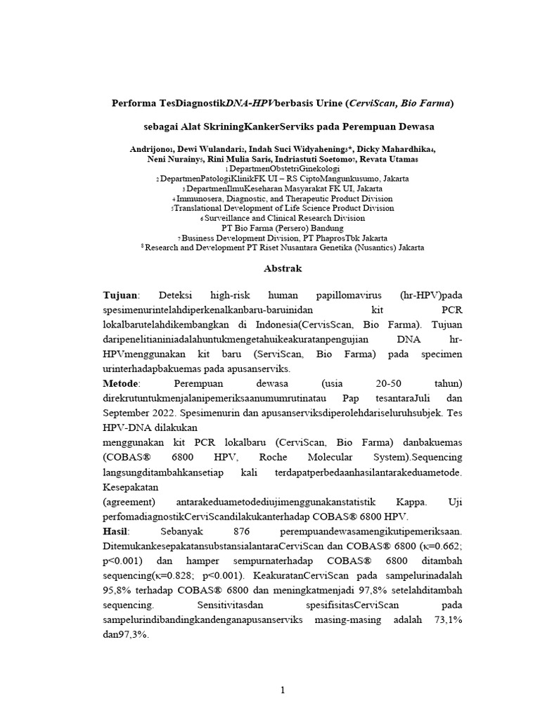 Performa Tes Diagnostik DNA-HPV Berbasis Urine (CerviScan, Bio Farma ...