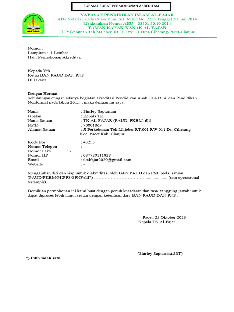 Format - Surat - Permohonan - Pengajuan - Akreditasi - Paud - PKBM - TK ...