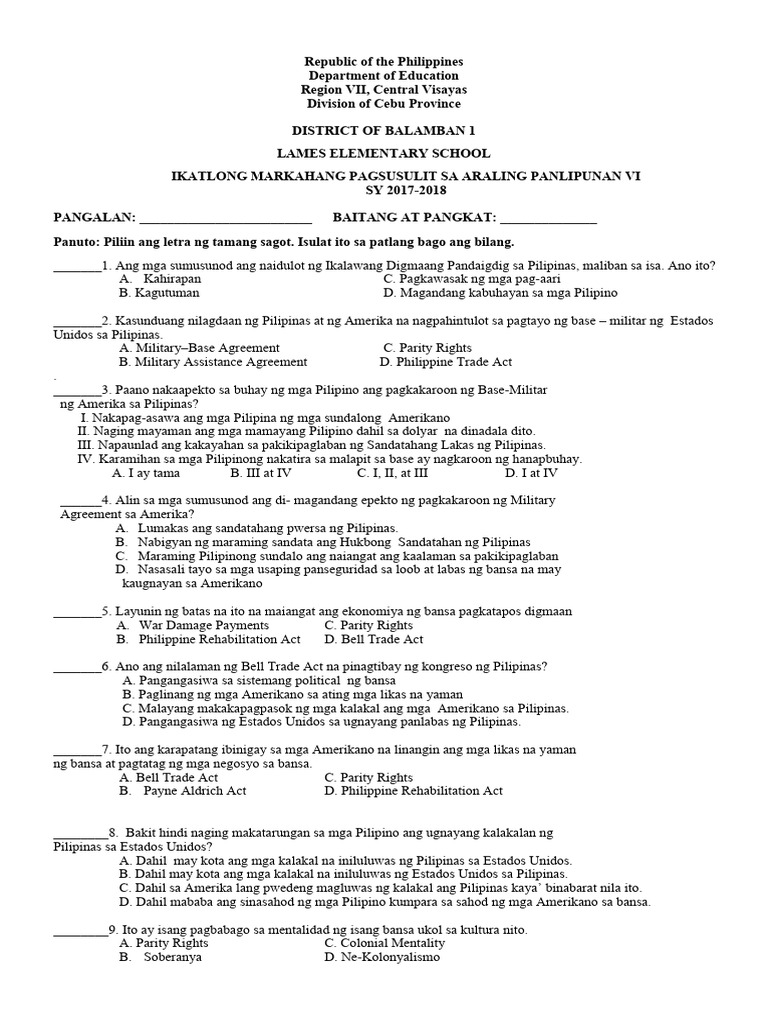 AP6 - IKATLONG - MARKAHANG - PAGSUSULIT - Docx Filename UTF-8''AP6 IKATLONG MARKAHANG PAGSUSULIT ...