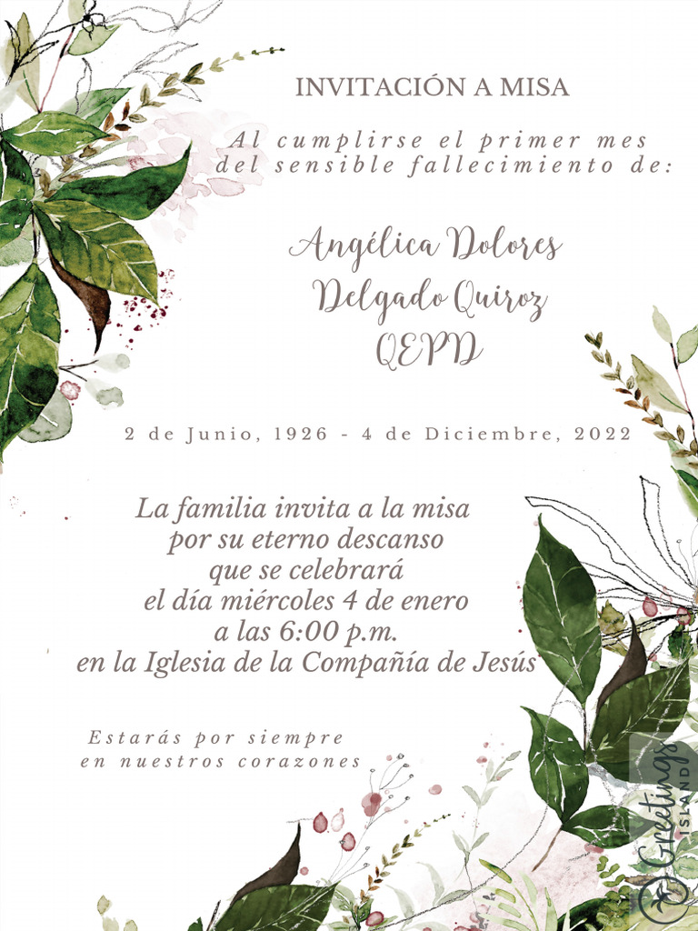 Invitacion A Misa de Mes Angelica Dolores Delgado Quiroz | PDF