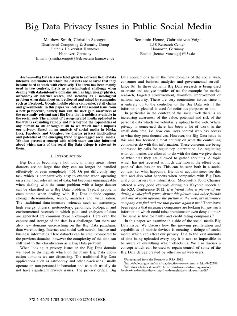 Big Data Privacy Issues in Public Social Media | PDF | Privacy | Metadata
