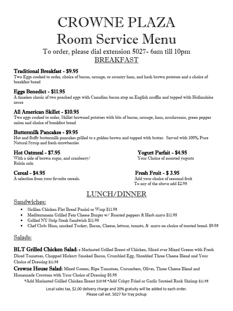 Crowne Plaza Room Service Menu | PDF | Bacon | Salad