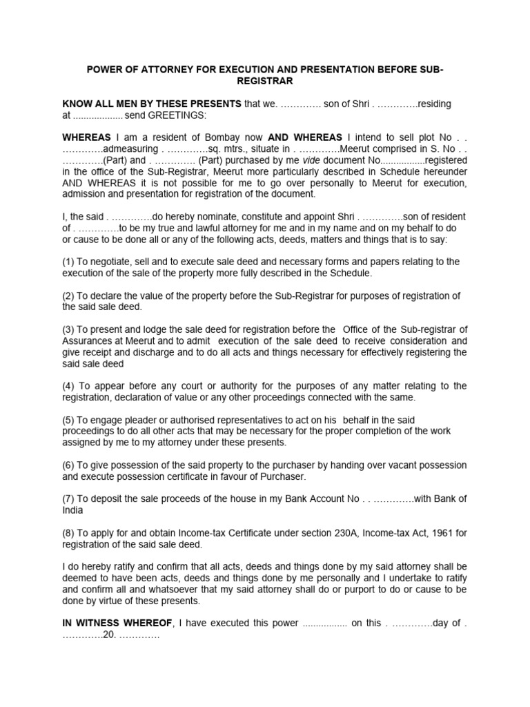Power of Attorney For Execution and Presentation Before Sub-Registrar | PDF | Deed | Power Of ...