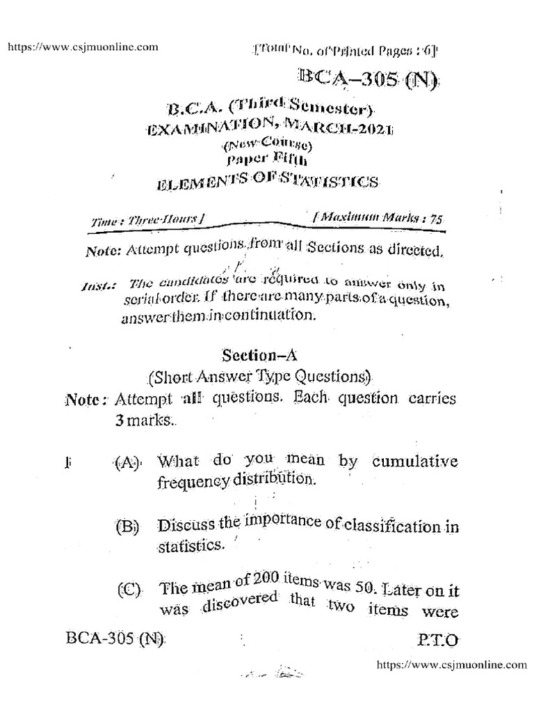 Bca 3 Sem Elements of Statistics Bca 305 N Mar 2021 | PDF