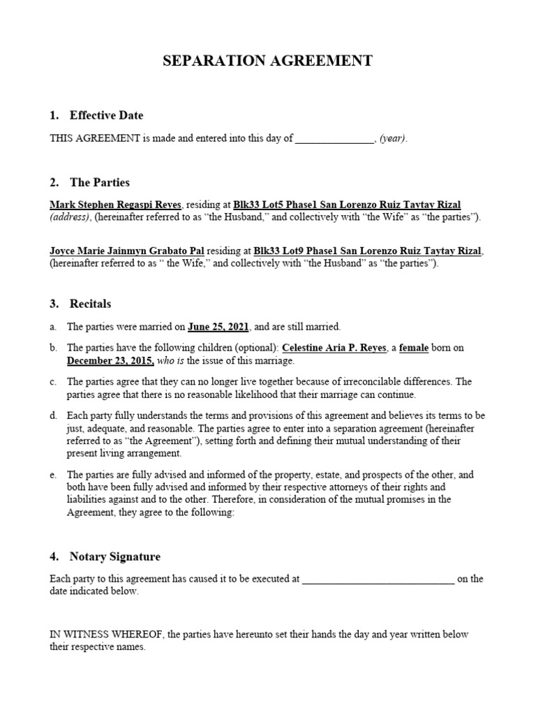 Separation Agreement | PDF | Private Law | Civil Law (Common Law)