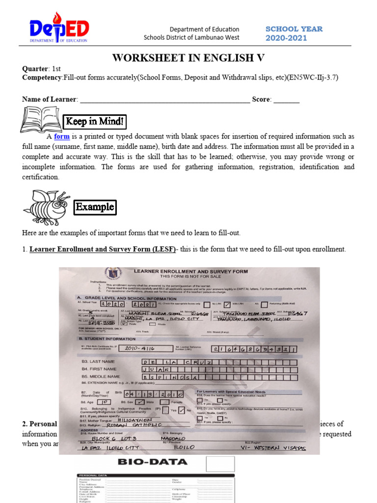 WORKSHEET 1 IN ENGLISH 5-1st Quarter-Fill-Out Forms Accurately | PDF