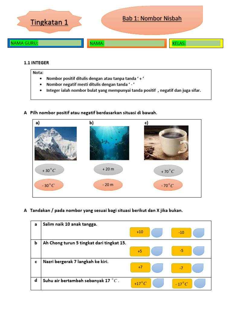 Latihan Matematik Tingkatan 1: Integer | PDF