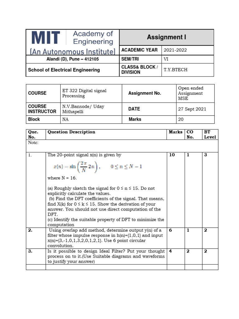 ET 342 T - DSP - OE Assignment | PDF | Discrete Fourier Transform | Electronics