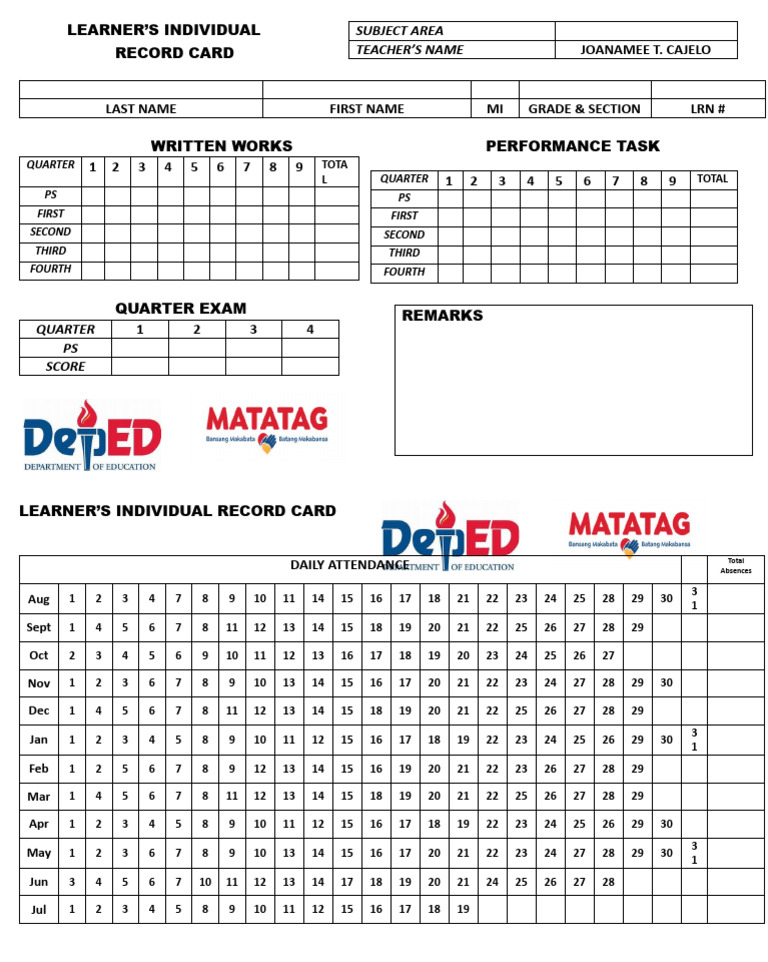 Student Record Card Template | PDF