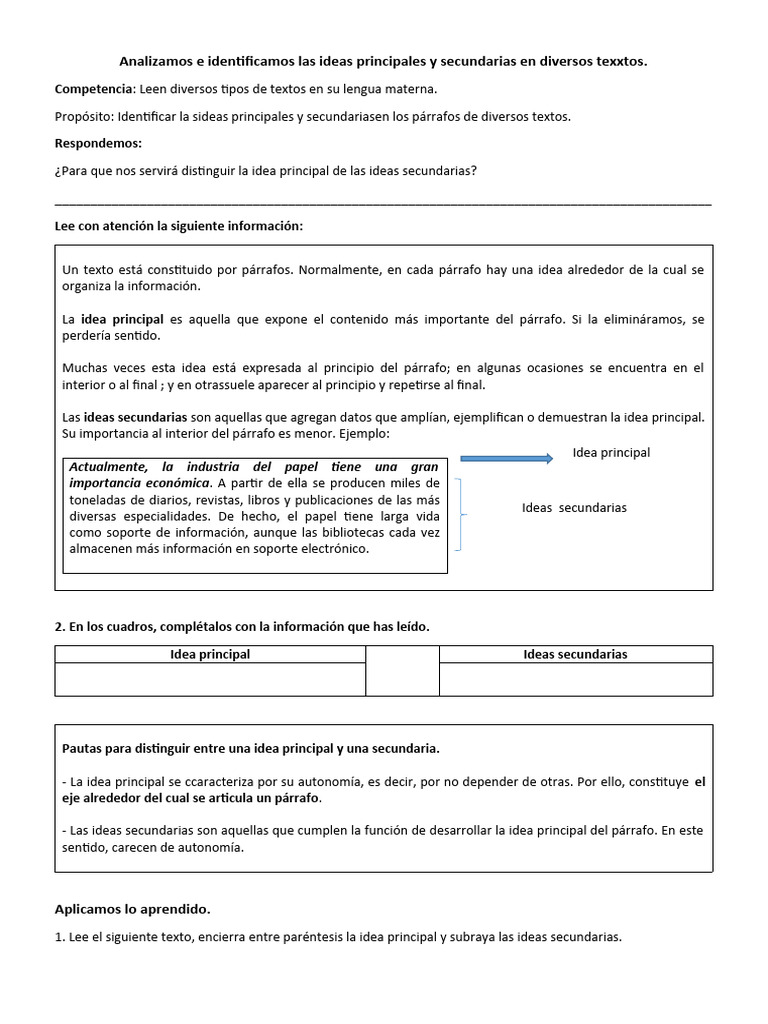 Analizamos e Identificamos Las Ideas Pricipales y Secundarias en ... Analizamos e Identificamos Las Ideas Pricipales y Secundarias en ...