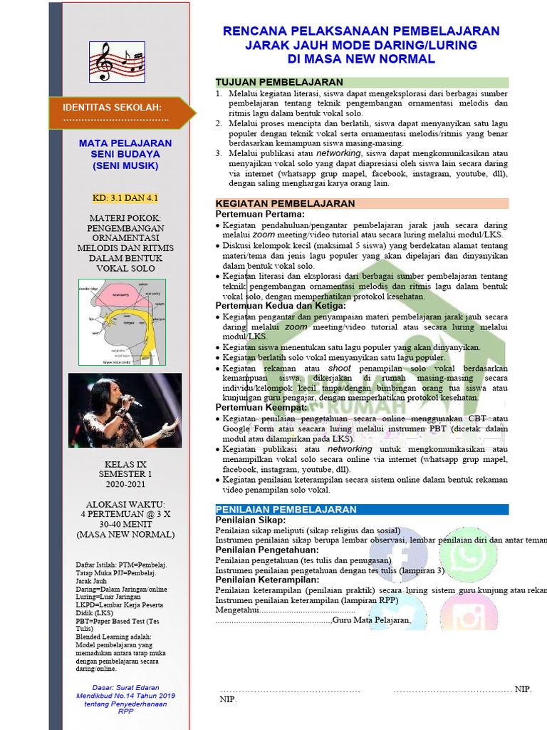 12 RPP Seni Musik Kelas 9-1 2020-2021 Rev Juli 2020 Versi 1 Lembar-Daring Luring | PDF
