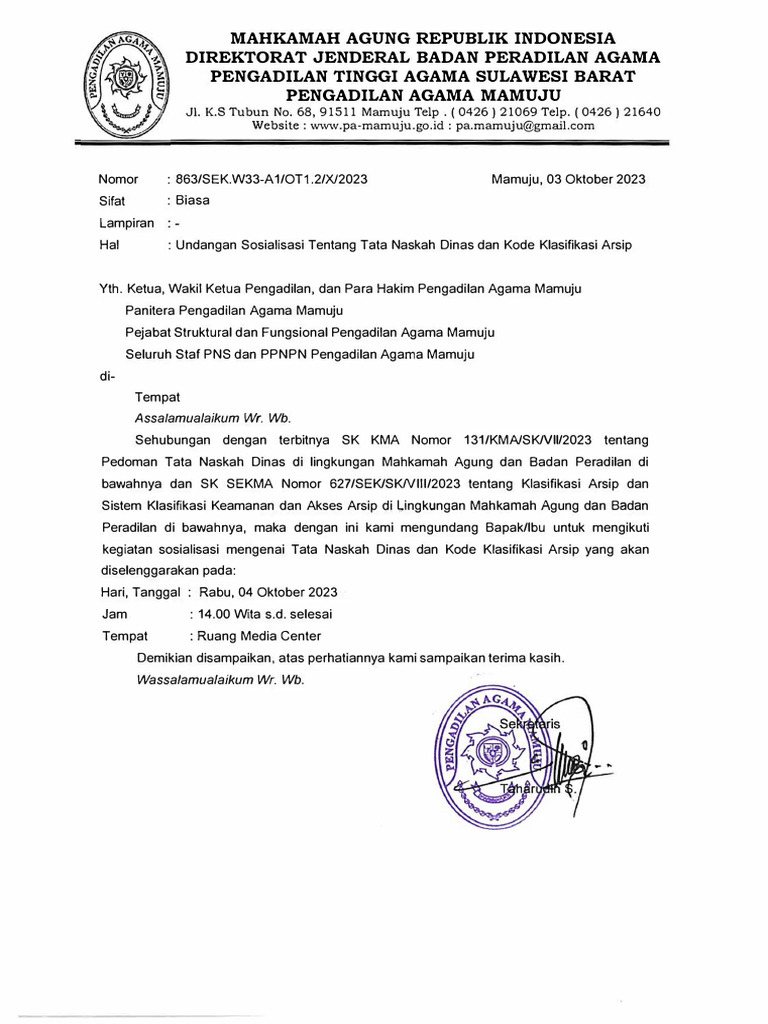 Undangan Sosialisasi Tata Naskah Dinas Dan Kode Klasifikasi Arsip | PDF