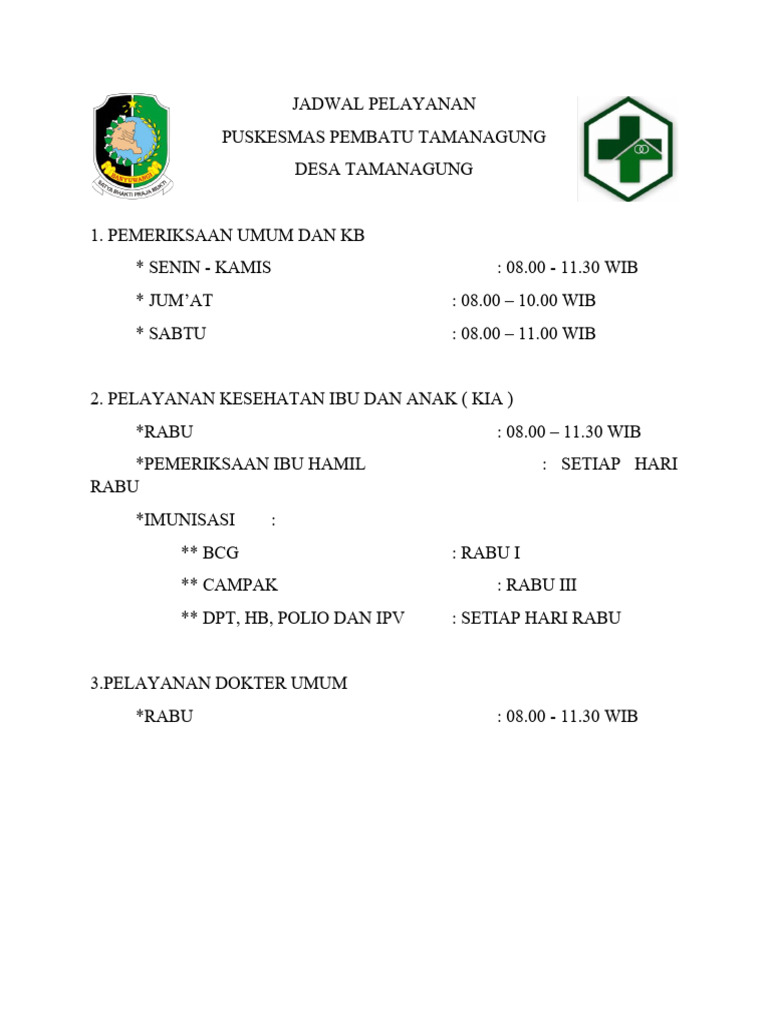 Jadwal Pelayanan Pustu | PDF