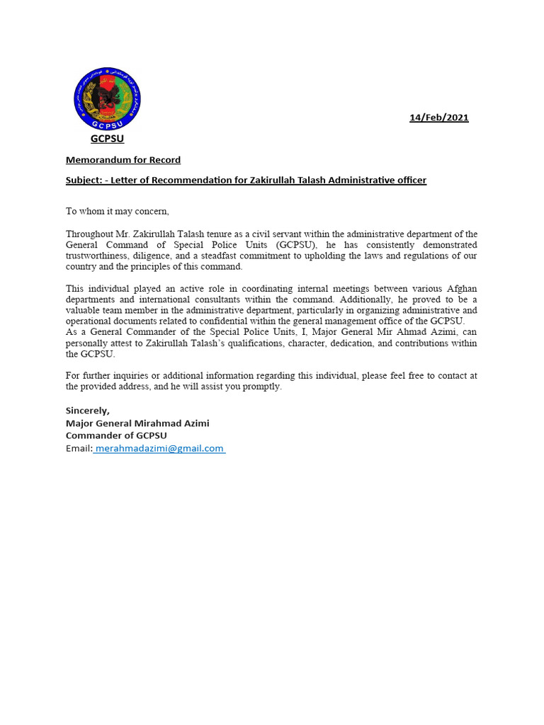 Gcpsu: Memorandum For Record Subject: - Letter of Recommendation For Zakirullah Talash ...